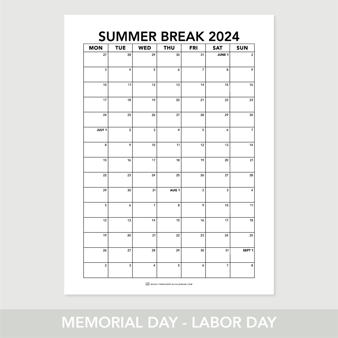Summer Break Calendar | Single Sheet for Efficient Planning – The ...